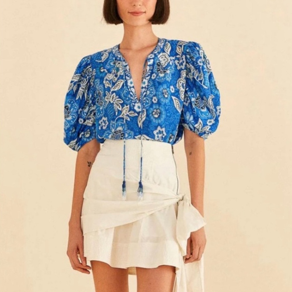 Farm Rio Blue And White Floral Top With Beaded Tassel… - Gem